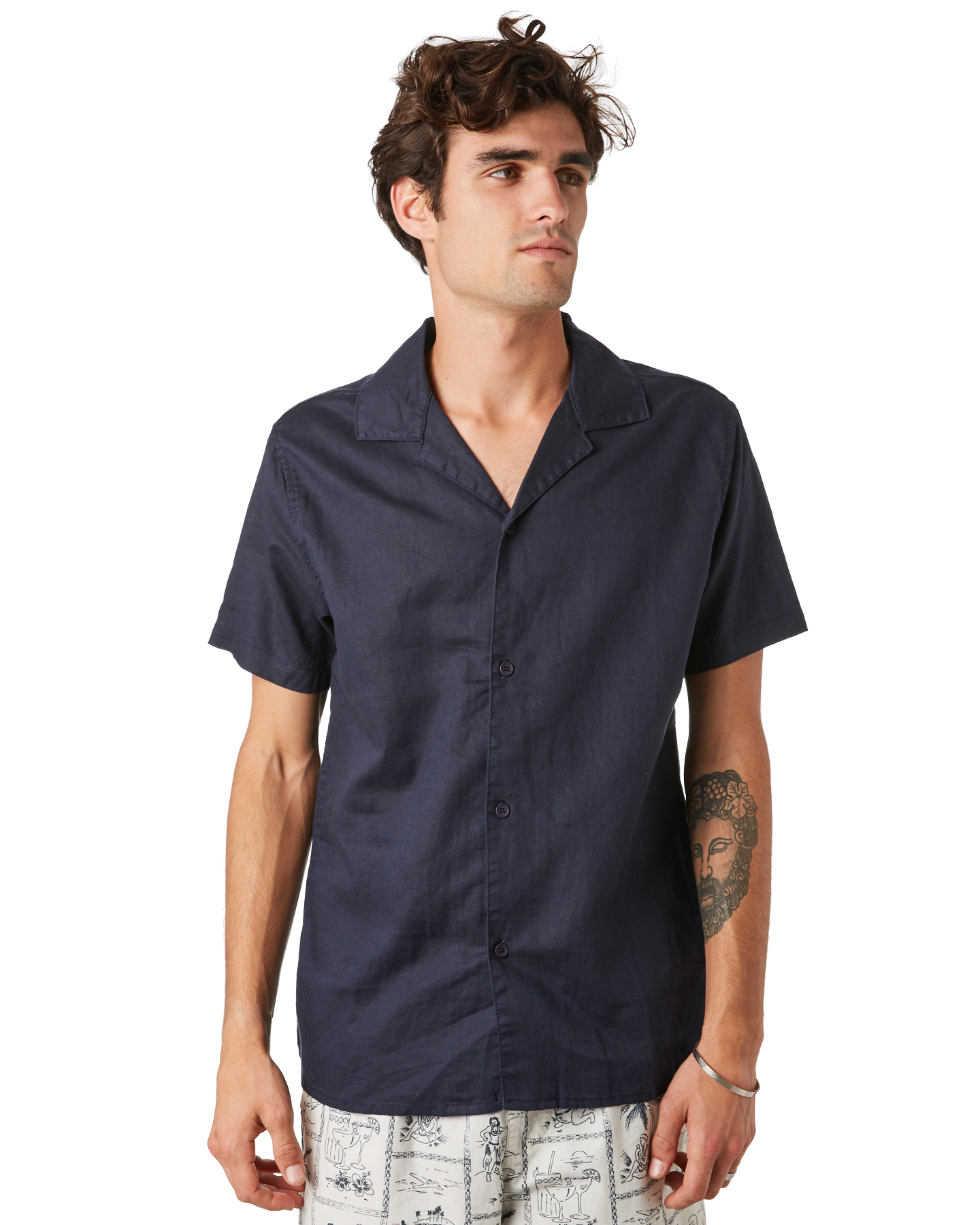 Rhythm Linen Cuban Mens Ss Shirt - Navy | SurfStitch