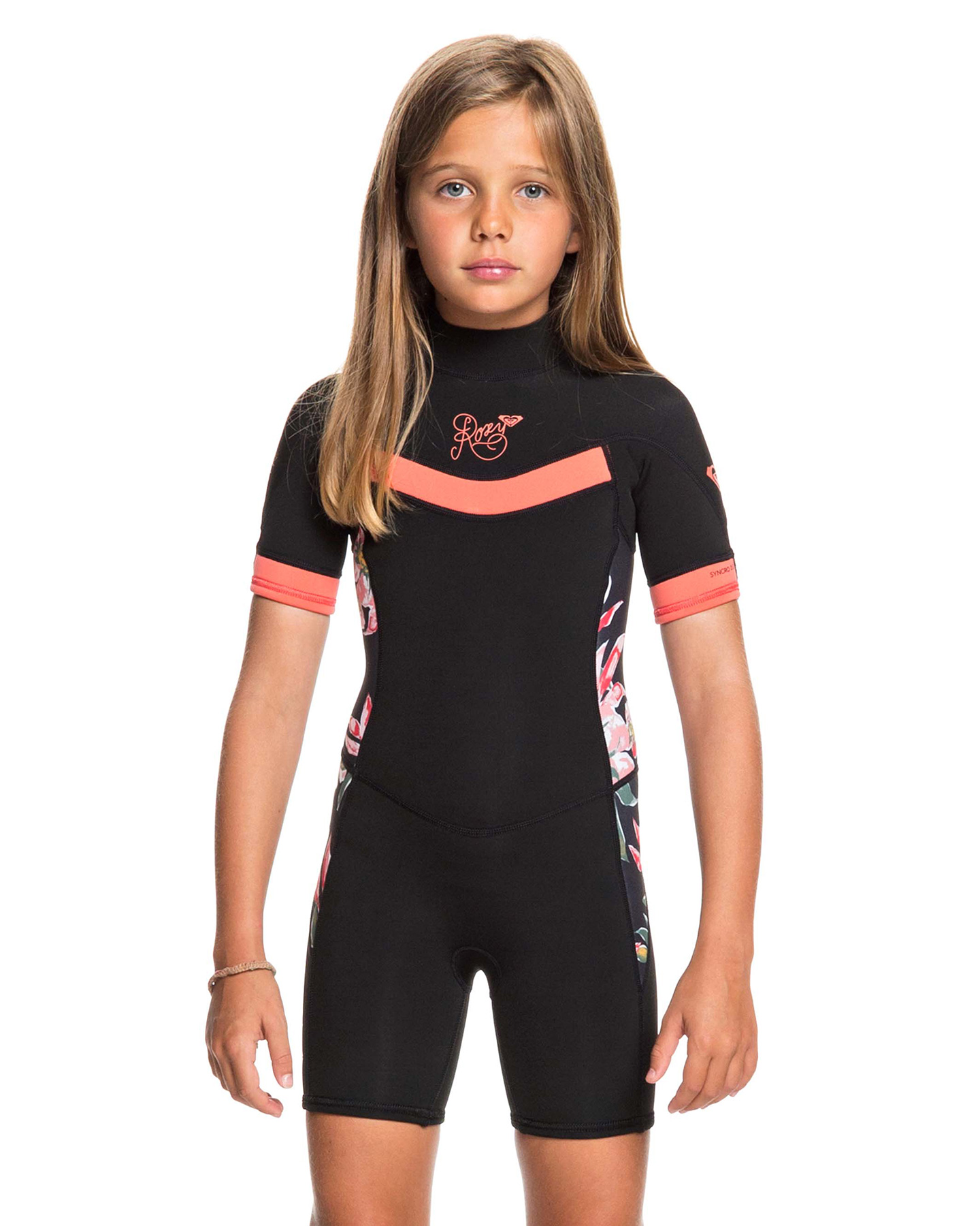Roxy Girls 2 7 Syncro 2 2mm Ss Back Zip Springsuit Black Bright Coral