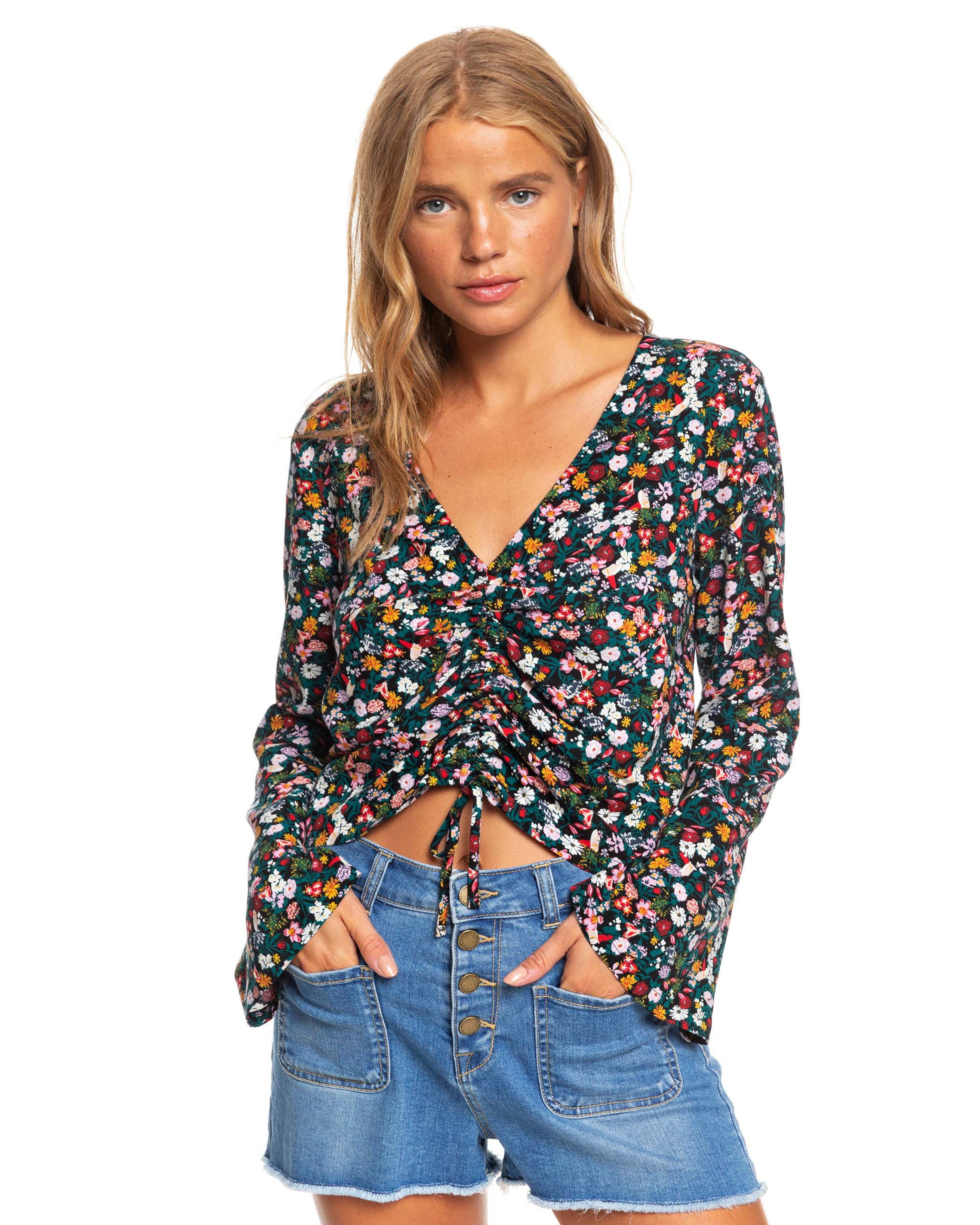 Roxy Endless Day Long Sleeve Cropped Blouse - Anthracite Bouquet ...
